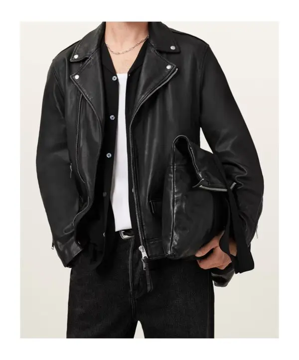ALLSAINTS Classic Leather Biker Jacket With Metal Snaps
