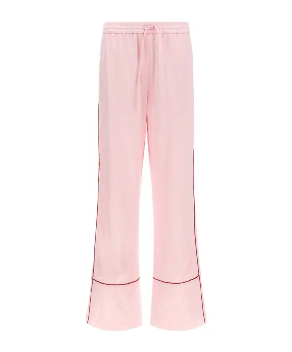 Off-White Jacquard Satin Pajama Style Drawstring Trousers - Pink