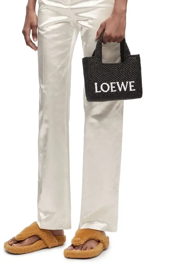Loewe Mini Font Tote In Raffia - Black