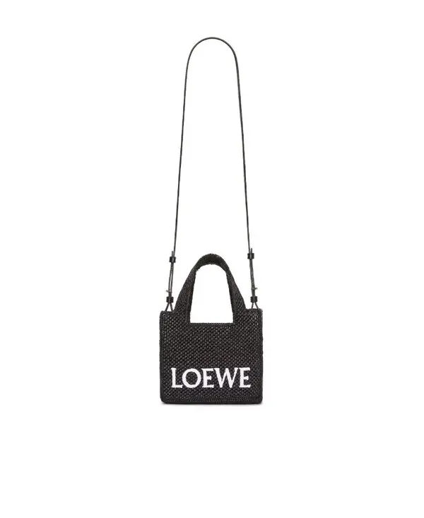 Loewe Mini Font Tote In Raffia - Black