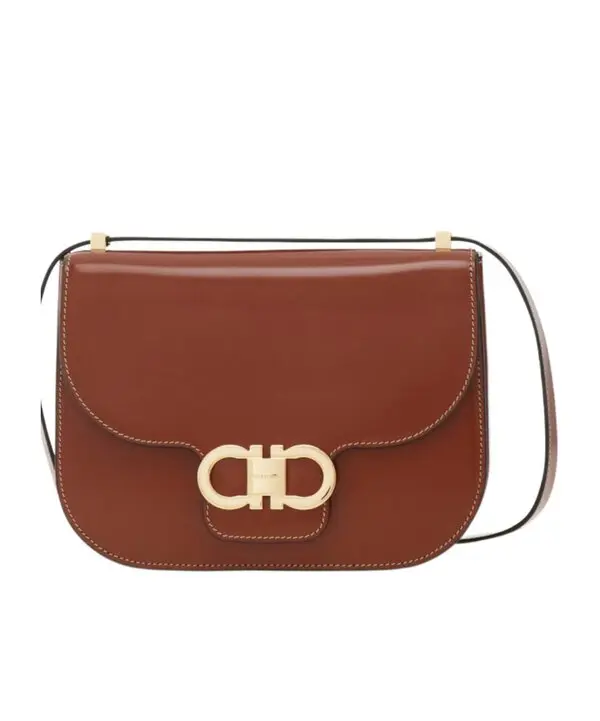 FERRAGAMO Double Gancini North-south Crossbody Bag - Black Cognac