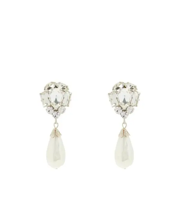 Alessandra Rich Drop Pearl Crystal Detail Earrings - White