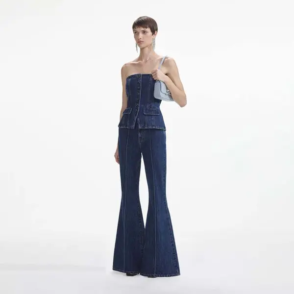 SELF-PORTRAIT Denim Flared Trousers Set