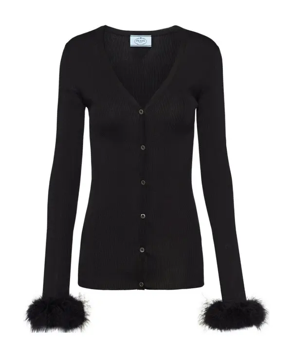 Prada Ribbed Cardigan With Feather Cuffs