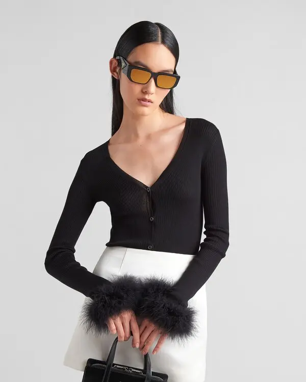 Prada Ribbed Cardigan With Feather Cuffs