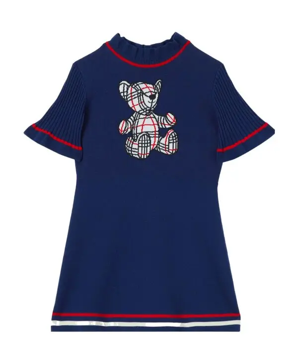 Burberry Jacquard Bear Knit Dress With Ruffled Collar