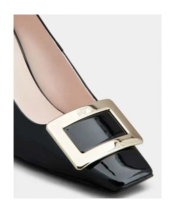 ROGER VIVIER Patent Leather Logo Buckle Block Heel Pumps