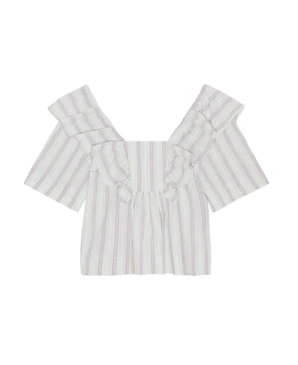 GANNI Striped Seersucker Ruffle Blouse - Lavender/chalk Color