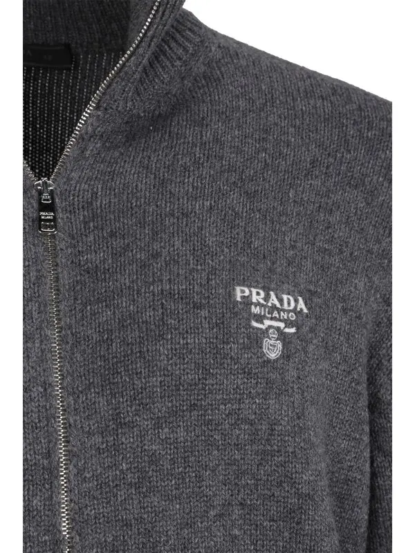 Prada Logo Embroidered Full-zip Knit Cardigan