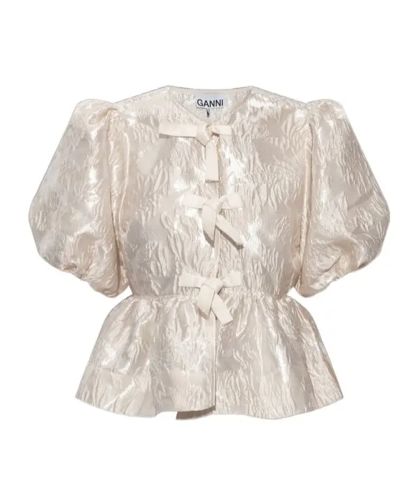 GANNI Peplum Tie Blouse - Egret