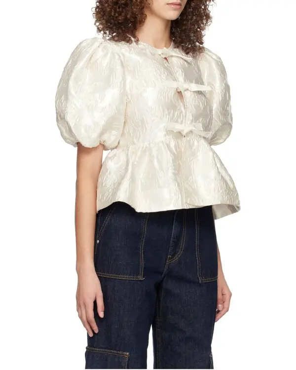 GANNI Peplum Tie Blouse - Egret