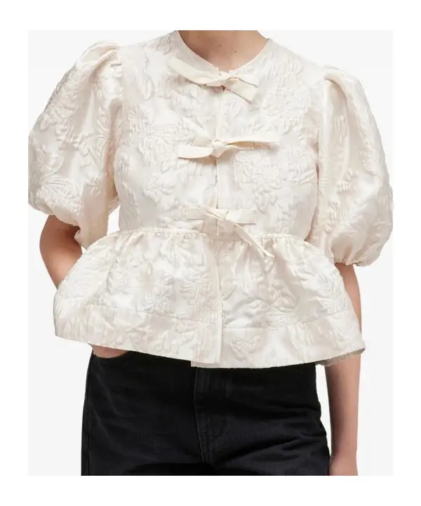 GANNI Peplum Tie Blouse - Egret