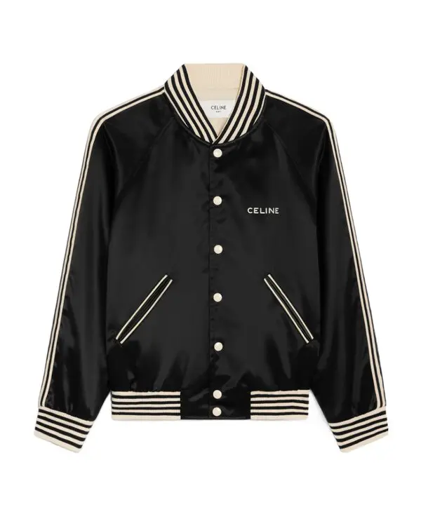 Celine Embroidered Teddy Jacket In Satin-finish Nylon - Black