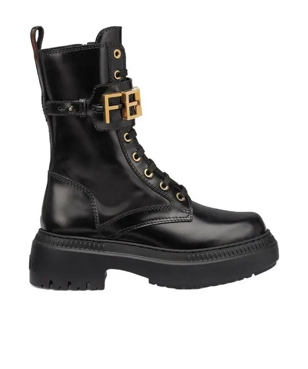 Fendi Logo Plaque Lace-up Biker Boots