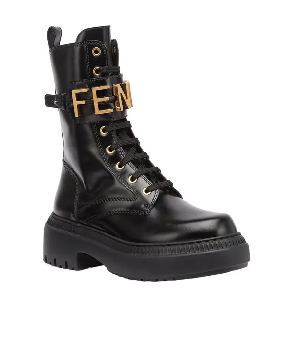 Fendi Logo Plaque Lace-up Biker Boots