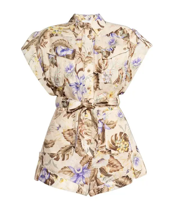 Zimmermann Floral Print Belted Jumpsuit With Puff Sleeves - Nude