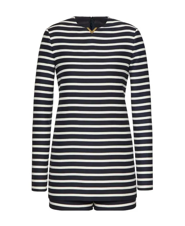Valentino Garavani Striped Crewneck Jumpsuit With Gold Logo Plaque - Black