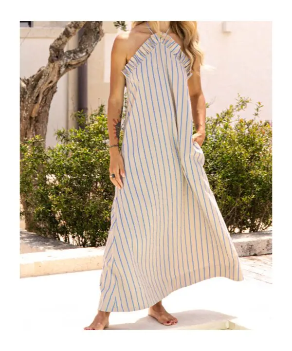 KAOS Maxi Dress With Ruffles And Wide Stripes - Nude