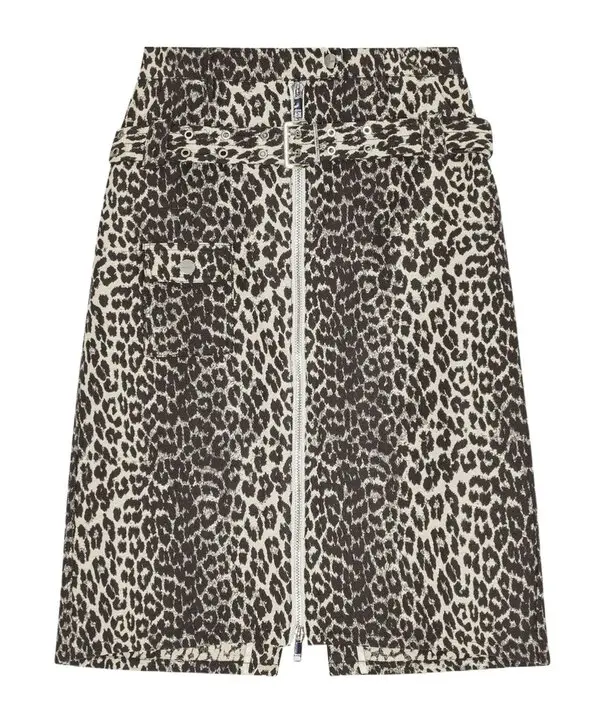 GANNI Cotton Tweed Midi Skirt With Belt - Leopard