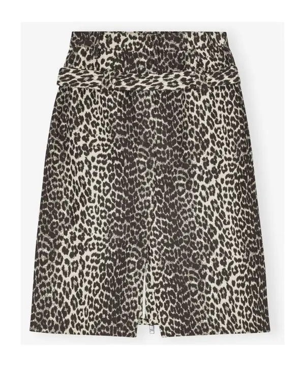 GANNI Cotton Tweed Midi Skirt With Belt - Leopard