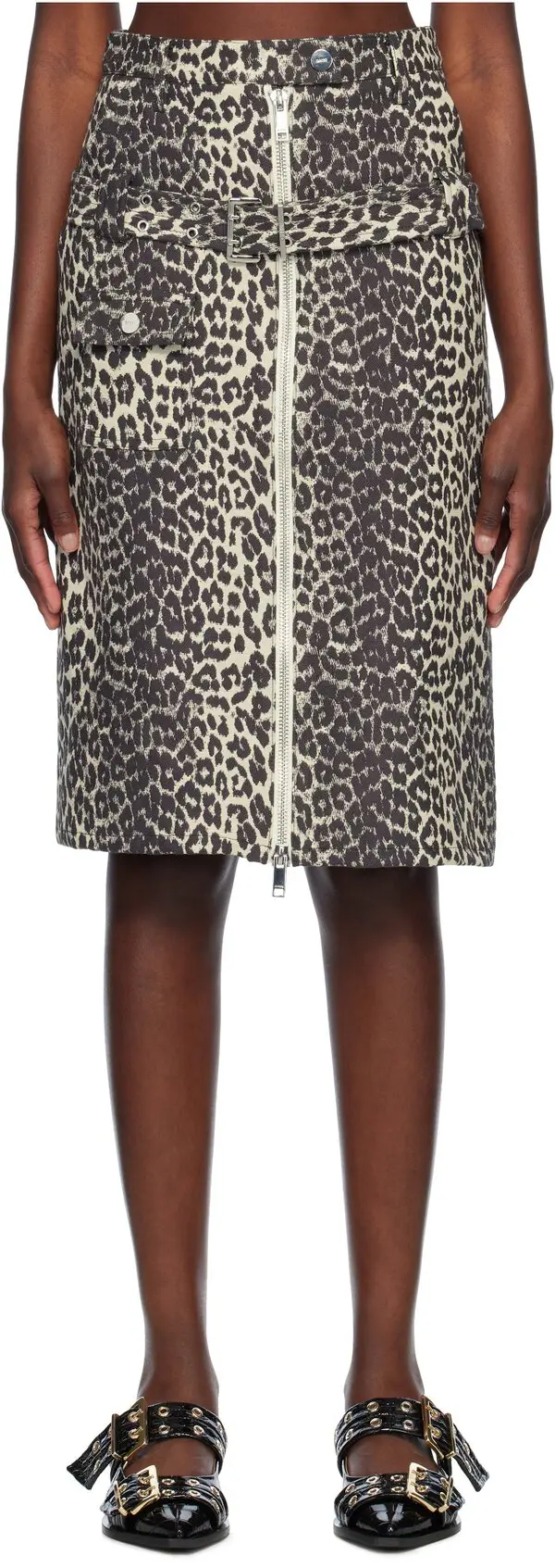 GANNI Cotton Tweed Midi Skirt With Belt - Leopard
