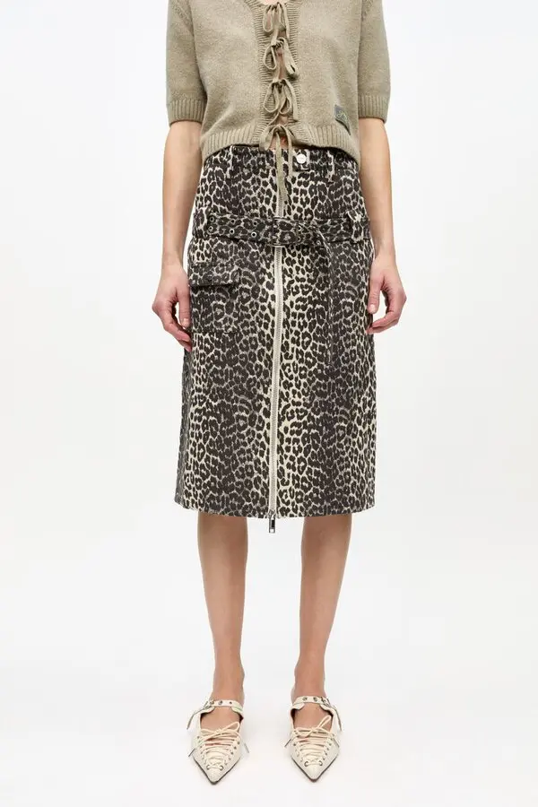 GANNI Cotton Tweed Midi Skirt With Belt - Leopard