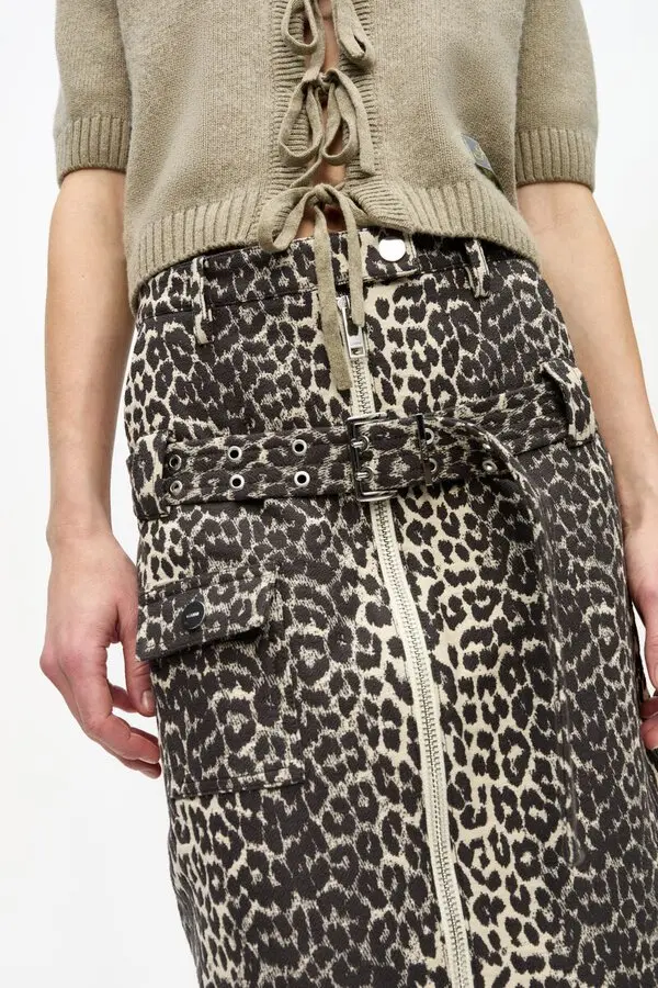GANNI Cotton Tweed Midi Skirt With Belt - Leopard