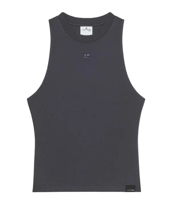 COURREGES Sleeveless Round Neck Tank Top With Logo Detail - Stone Washed Gray