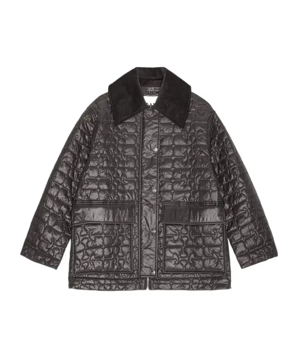 GANNI Quilted Midi Jacket With Pointed Collar - Phantom Black