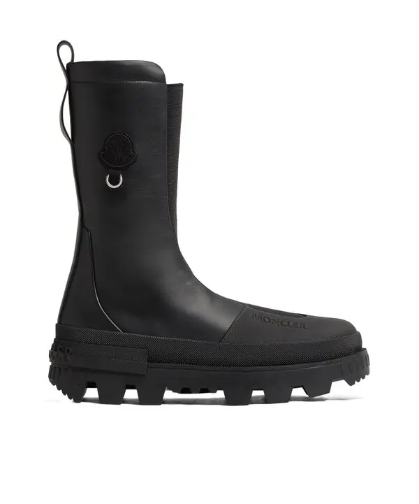 Moncler Leather Boots With Logo Patch - Black