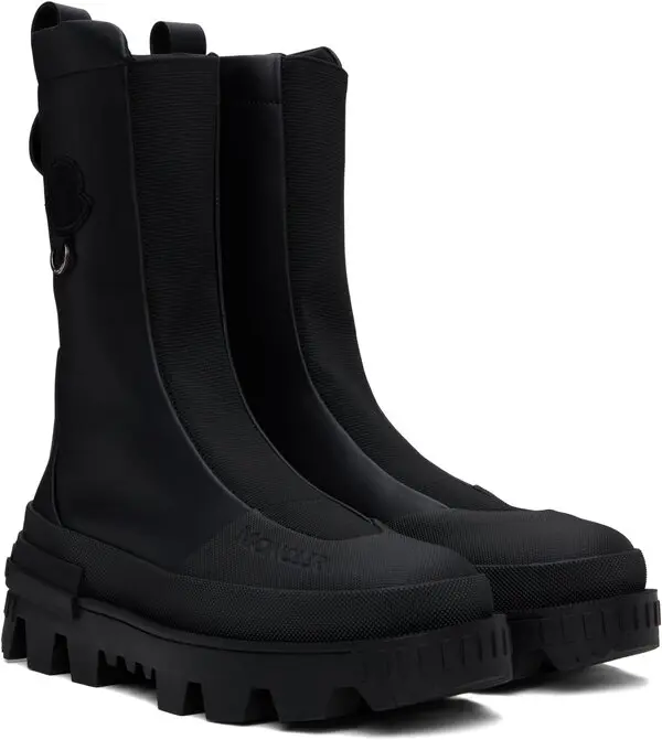Moncler Leather Boots With Logo Patch - Black