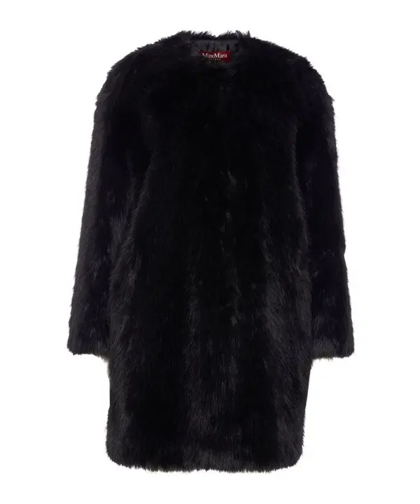 Max Mara Crewneck Long-sleeved Fur Coat - Black