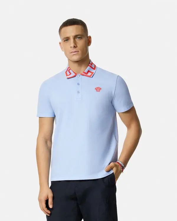 Versace Medusa Embroidered Short Sleeved Polo Shirt - Blue