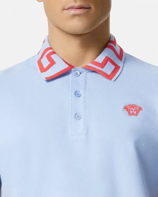 Versace Medusa Embroidered Short Sleeved Polo Shirt - Blue