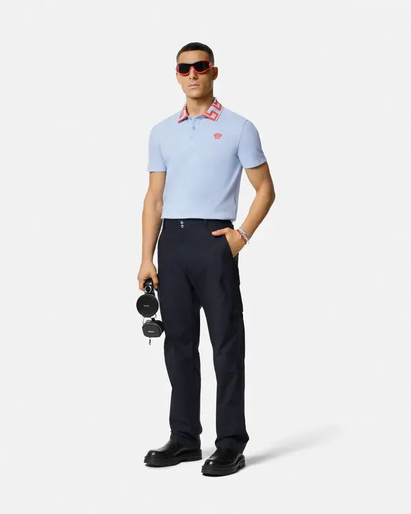 Versace Medusa Embroidered Short Sleeved Polo Shirt - Blue