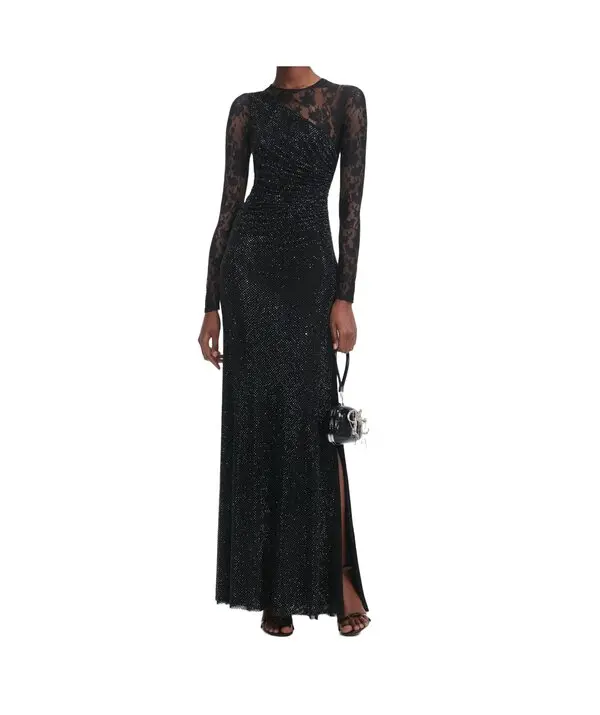 SELF-PORTRAIT Rhinestone Lace Sleeve Maxi Dress