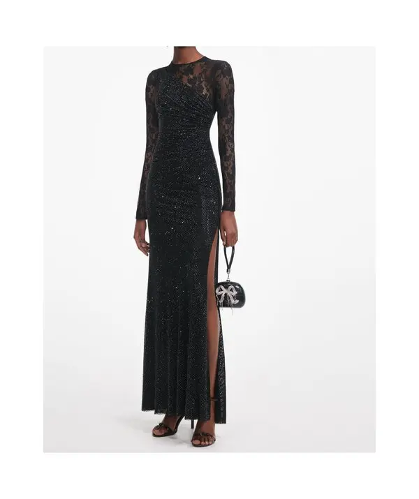 SELF-PORTRAIT Rhinestone Lace Sleeve Maxi Dress