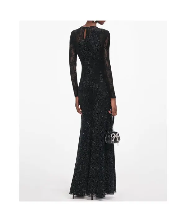 SELF-PORTRAIT Rhinestone Lace Sleeve Maxi Dress