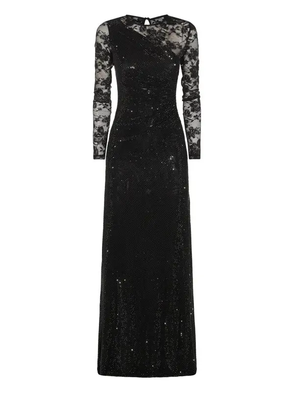 SELF-PORTRAIT Rhinestone Lace Sleeve Maxi Dress - Black