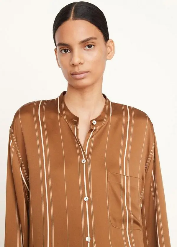 Vince Striped Band Collar Silk Shirt