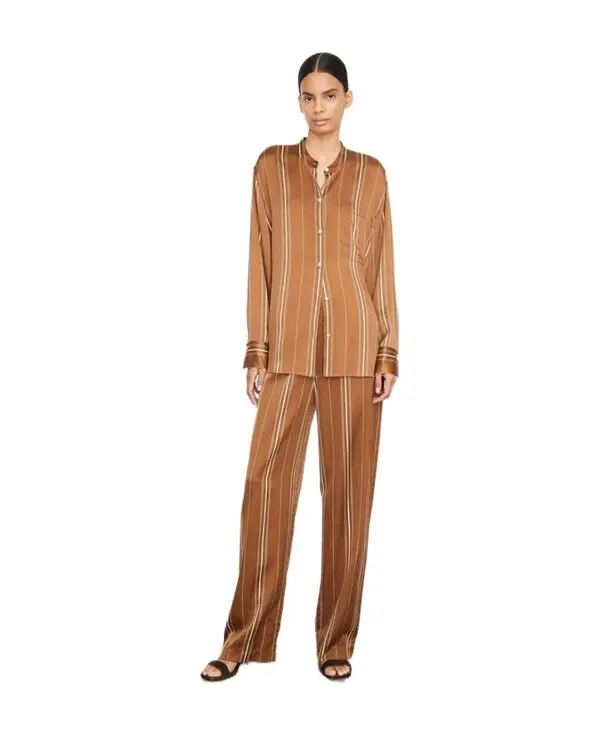 Vince Striped Band Collar Silk Shirt