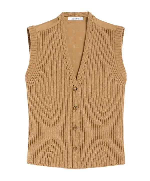Max Mara V-neck Button-up Gilet With Jacquard Back And Belted Waist