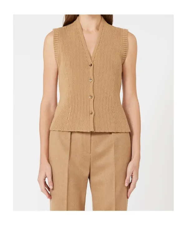 Max Mara V-neck Button-up Gilet With Jacquard Back And Belted Waist