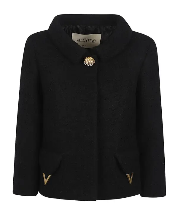 Valentino Garavani Curly Wool Jacket With Gemstone Button Detail - Black