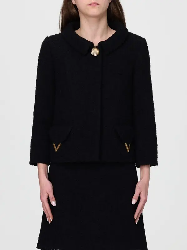 Valentino Garavani Curly Wool Jacket With Gemstone Button Detail - Black