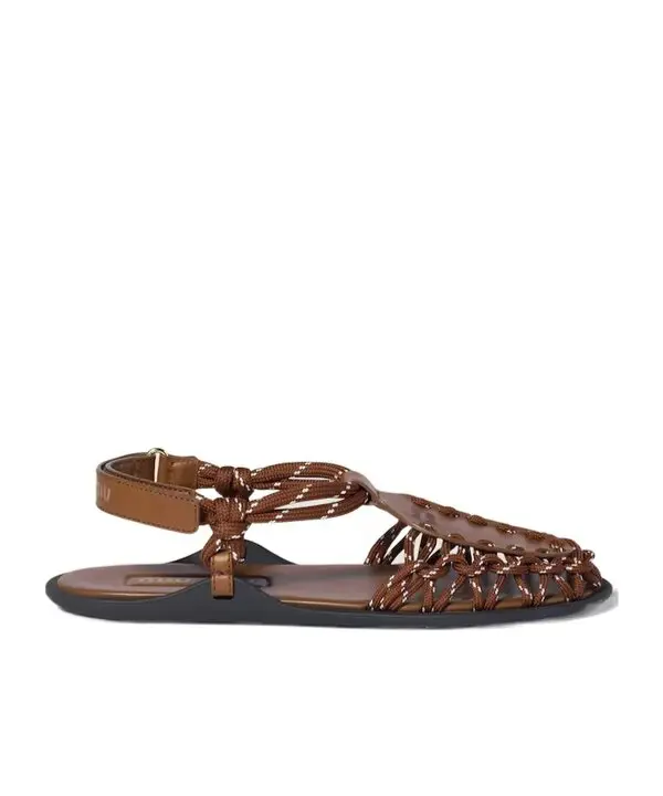 Miu Miu Leather And Rope Flat Sandals - Hazelnut Brown/tobacco Color