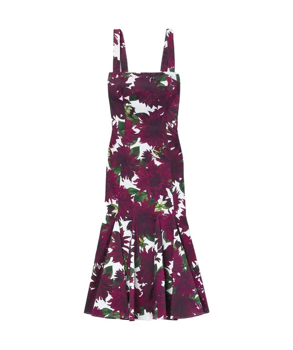 Oscar De La Renta Floral Print Square Neck Flared Hem Dress - Red
