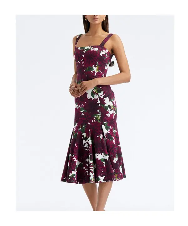 Oscar De La Renta Floral Print Square Neck Flared Hem Dress