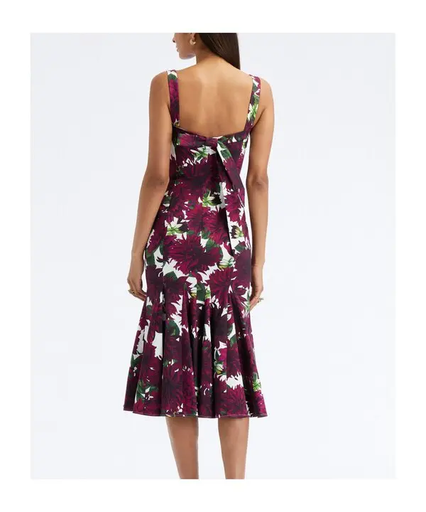 Oscar De La Renta Floral Print Square Neck Flared Hem Dress