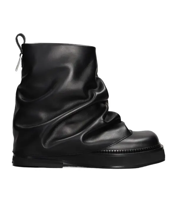 Attico Robin Ruched Leather Ankle Boots - Black